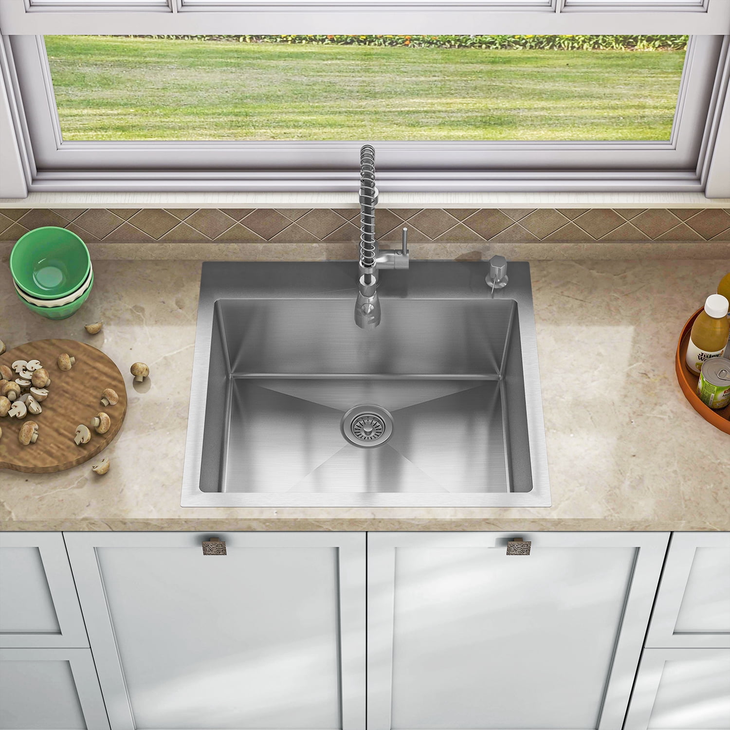 Sinber 25" x 22" x 9" Drop In Single Bowl Kitchen Sink with 18 Gauge ...