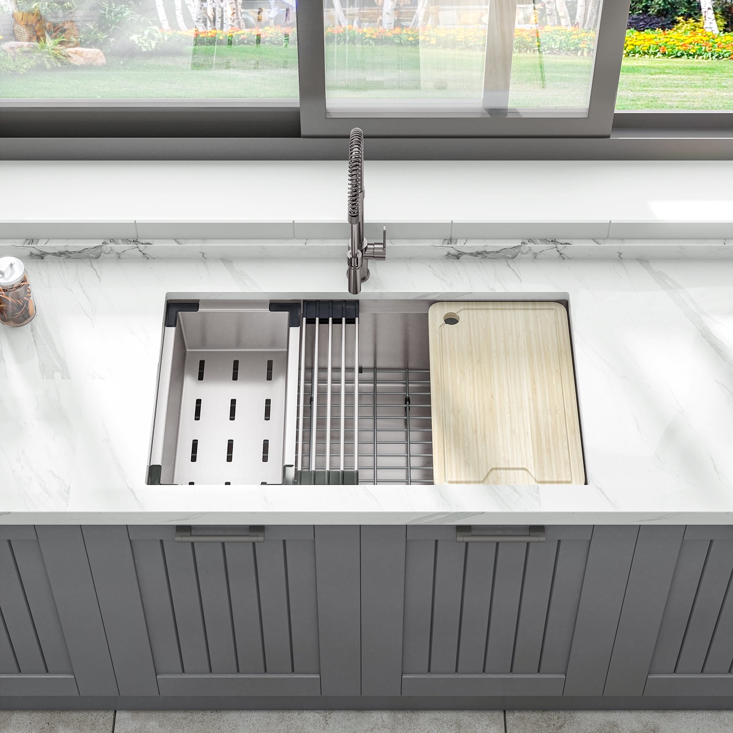Sinber 32" x 19" x 10" Undermount Single Bowl Workstation Kitchen Sink ...