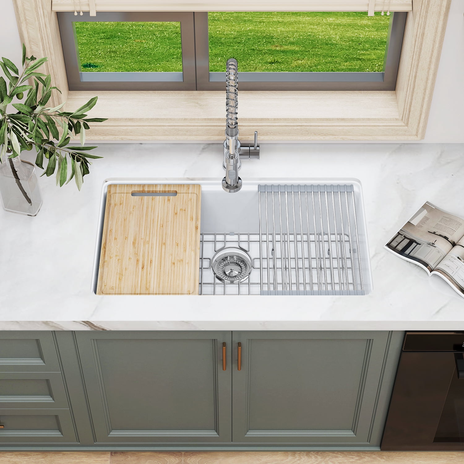 Sinber 33 Inch Drop in Single Bowl Kitchen Sink with Fireclay White ...