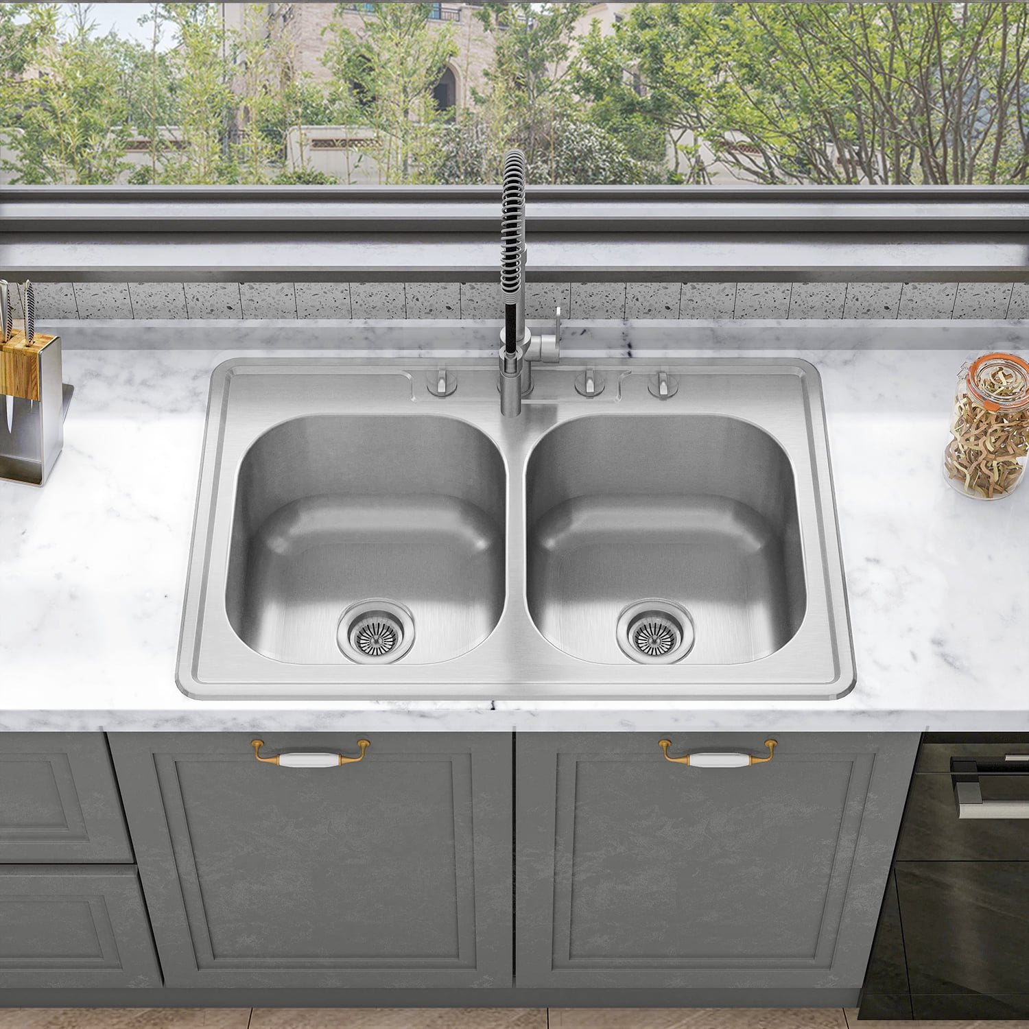 Sinber 33" x 22" x 9" Drop In Double Bowl Kitchen Sink with 18 Gauge ...