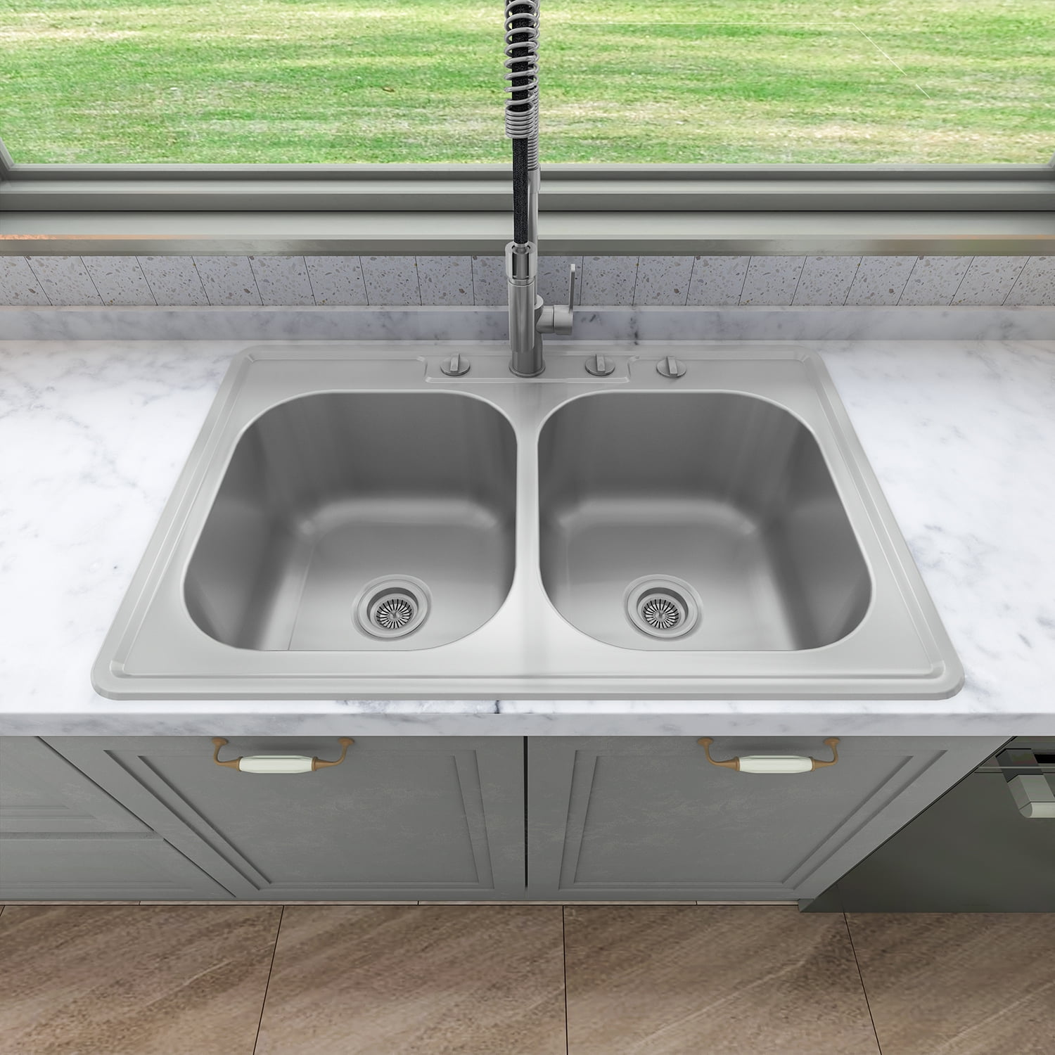 Sinber 33" x 22" x 9" Drop In Double Bowl Kitchen Sink with 18 Gauge ...