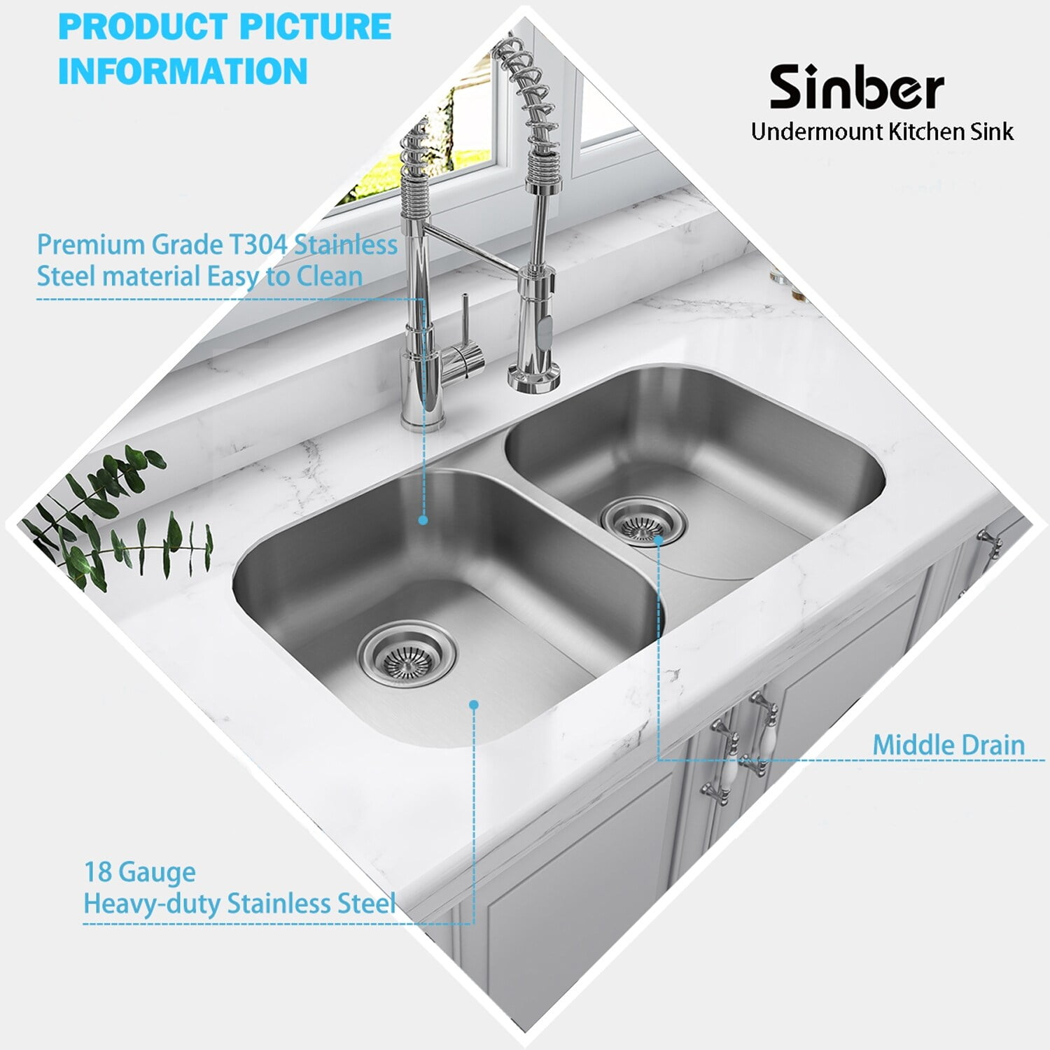 Sinber Undermount Double Bowl 304 Stainless Steel Kitchen Sink 32" x 18 ...