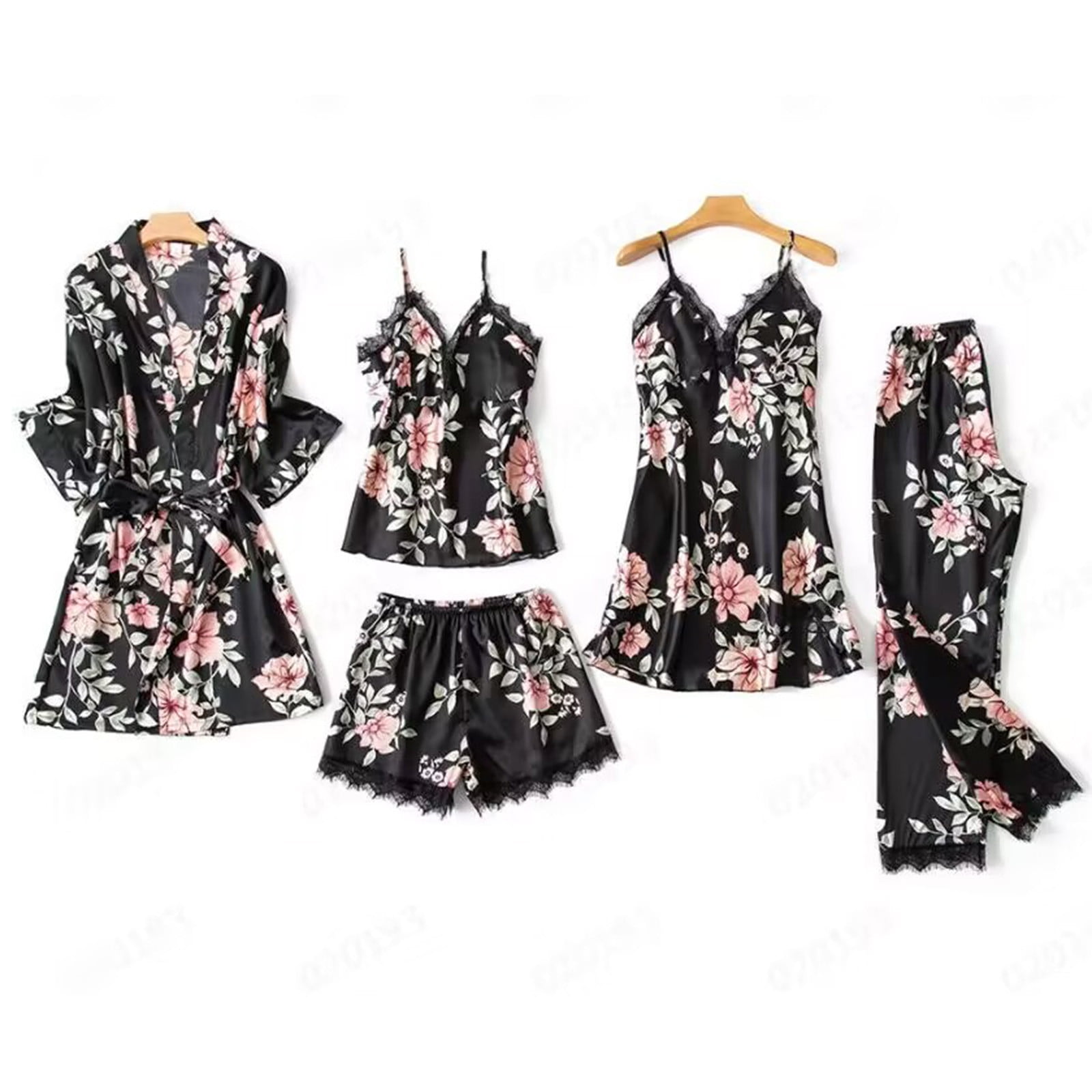 Womens Pyjamas Sets Night Wear Women Plus Size Ladies 5 Piece Satin ...