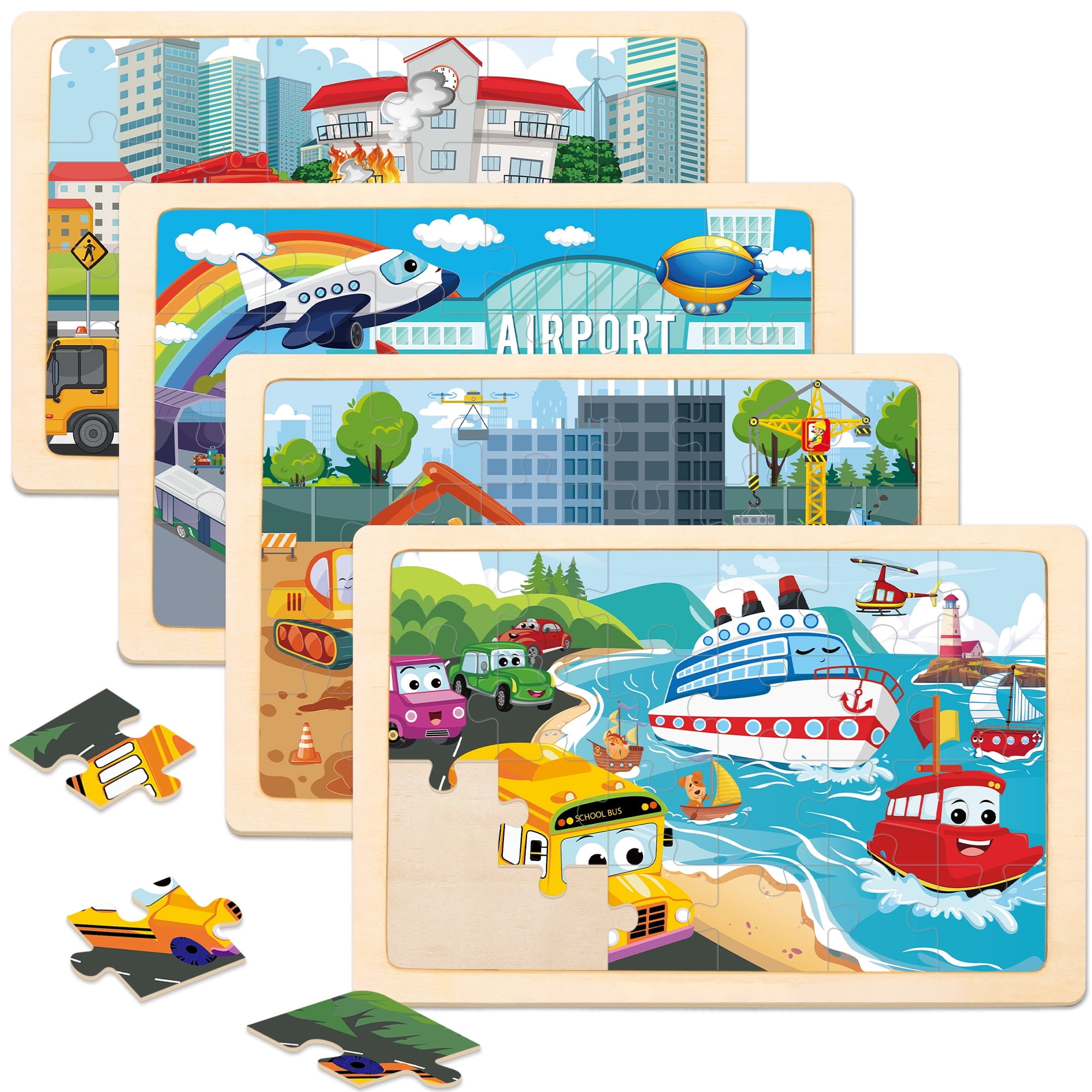 Sinekong Wooden Vehicle Puzzles for Kids Ages 4-6, 4 pack Construction ...