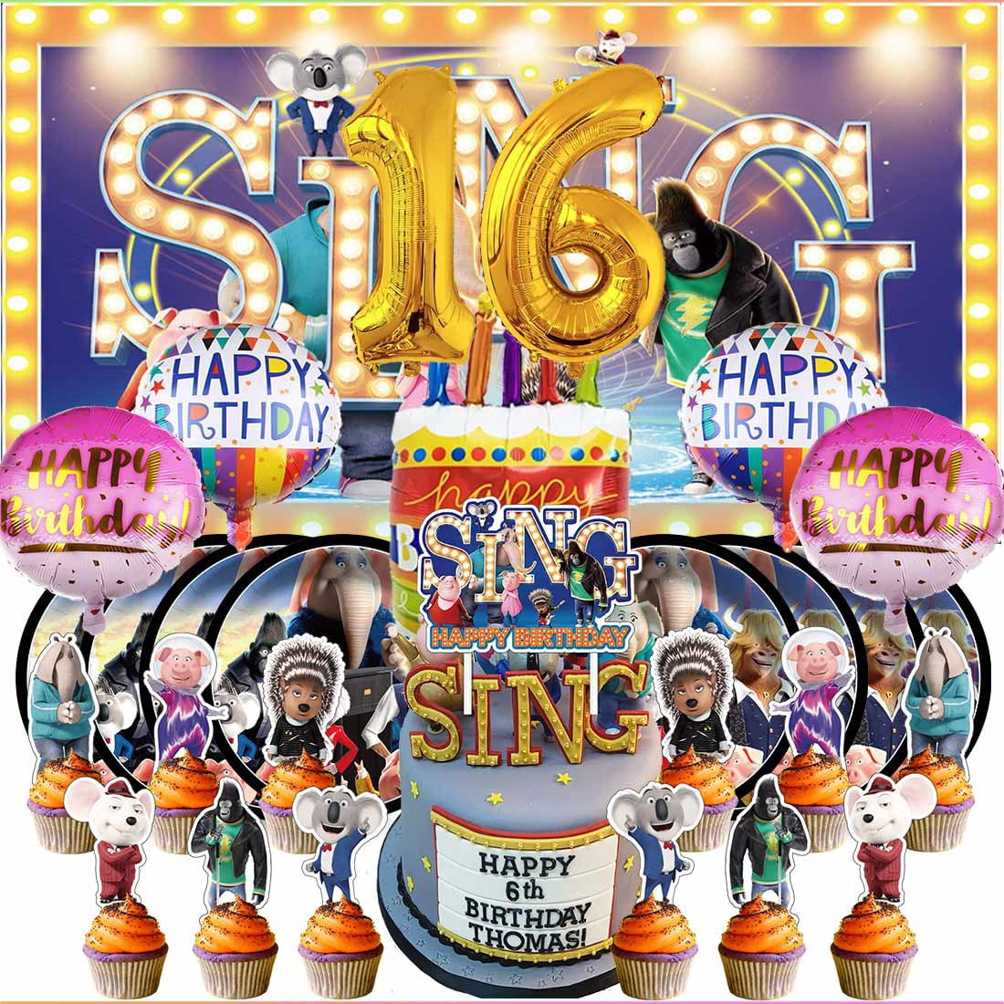 Sing Movie 16th Tableware Balloons Cake Toppers Backdrop Banner ...