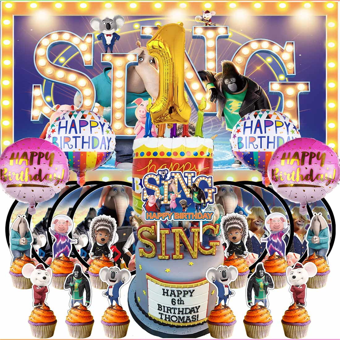 Sing Movie 1st Tableware Balloons Cake Toppers Backdrop Banner Supplies ...