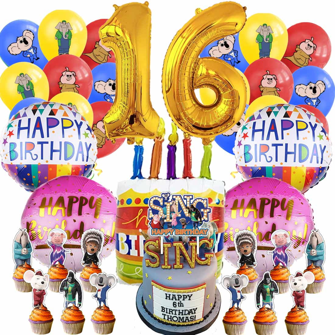 Sing Movie Party Supplies 16th Decor Kit Balloons Birthday Cake Topper ...