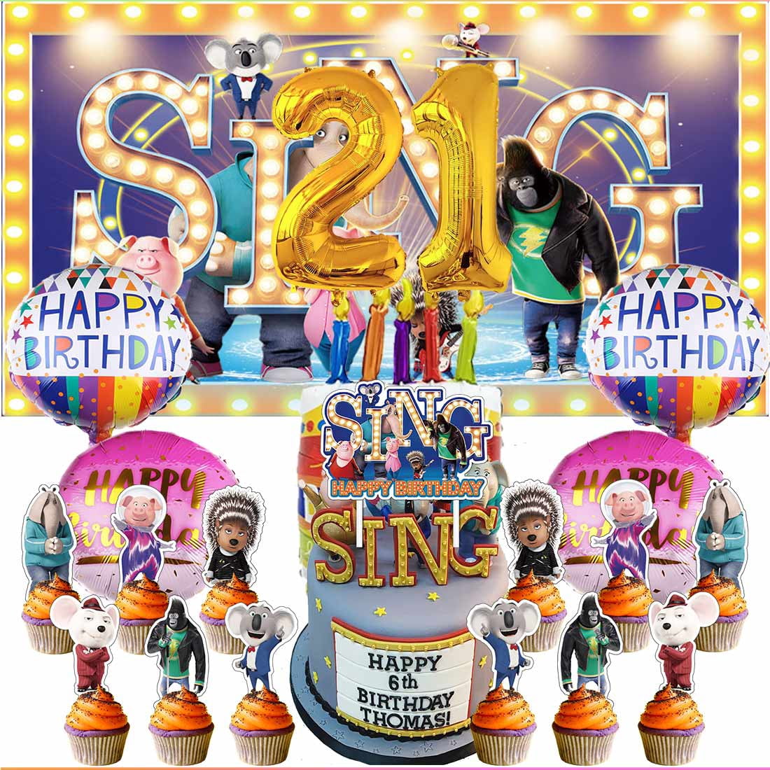 Sing Movie Party Supplies Decor 21th Kit Balloons Birthday Cake Topper ...