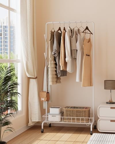 Singal Rods Garment Rack with Wheels, Clothes Rack with Bottom Storage ...