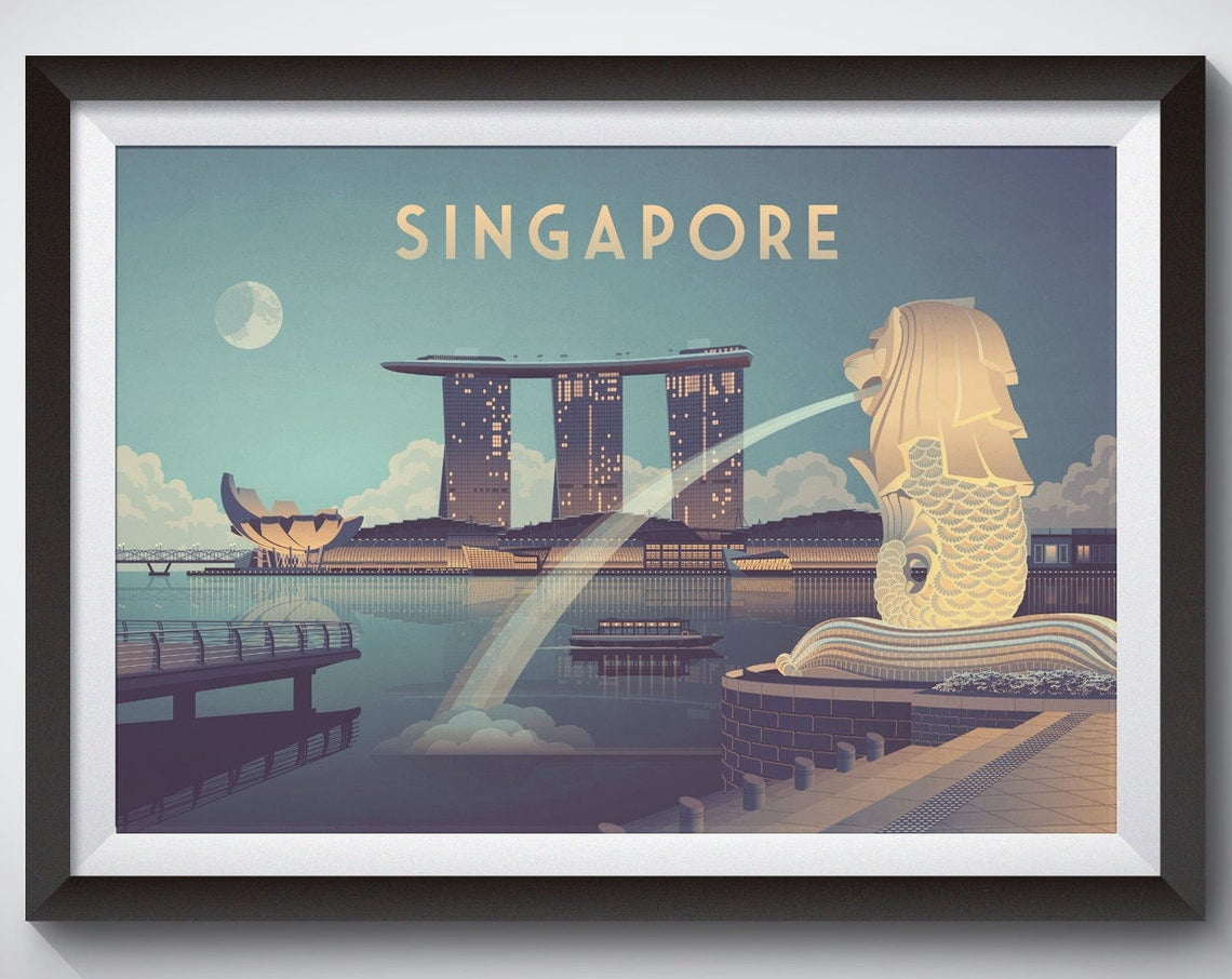 Singapore Travel Poster, Singapore Skyline, Merlion Sculpture ...