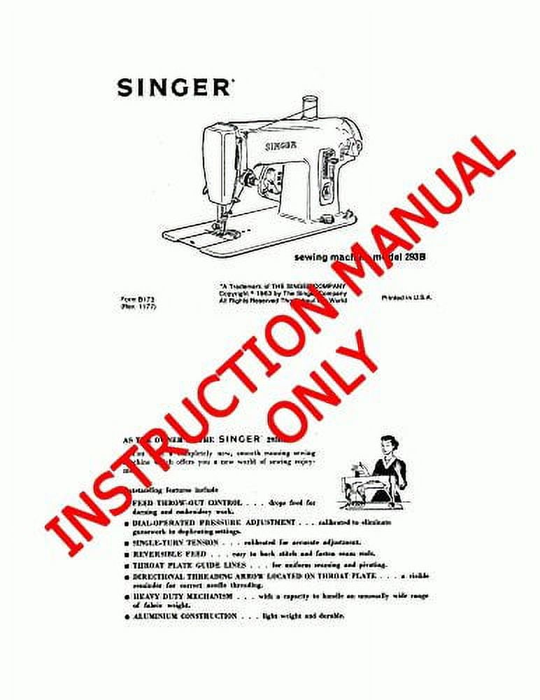 Singer 293B Sewing Machine/Embroidery/Serger Owners Manual Reprint ...