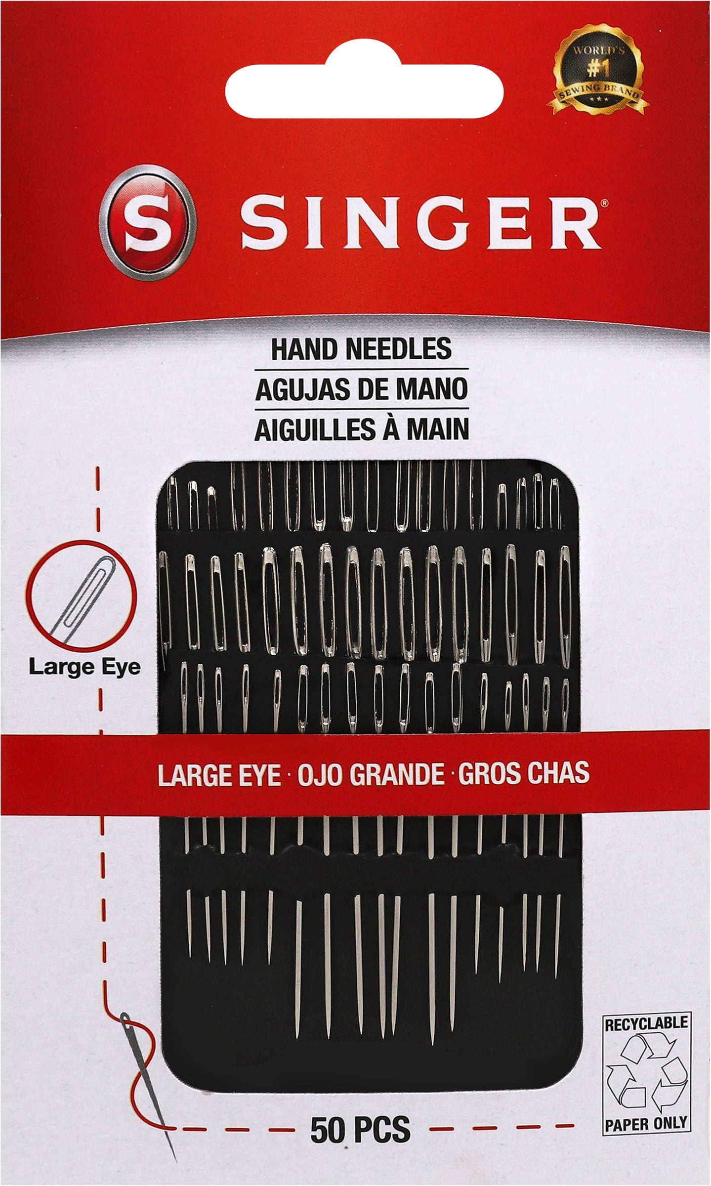 SINGER 50Ct Assorted Large Eye Needles for Hand Sewing, Self-Threading Sewing Needles, 6 Sizes ...