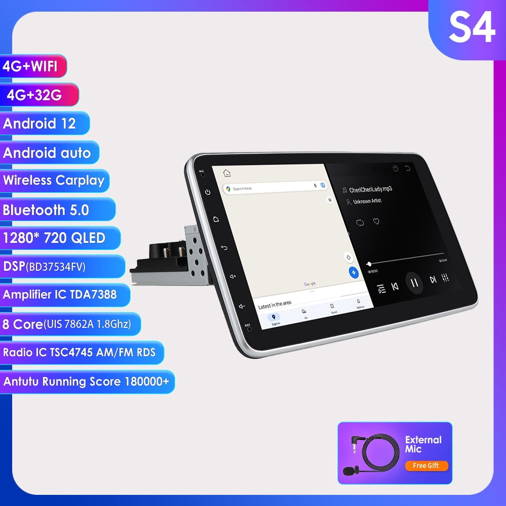 Single 1 Din Android 12.0 Carplay Wifi Bluetooth Rotatable 4+32GB 10.1 ...