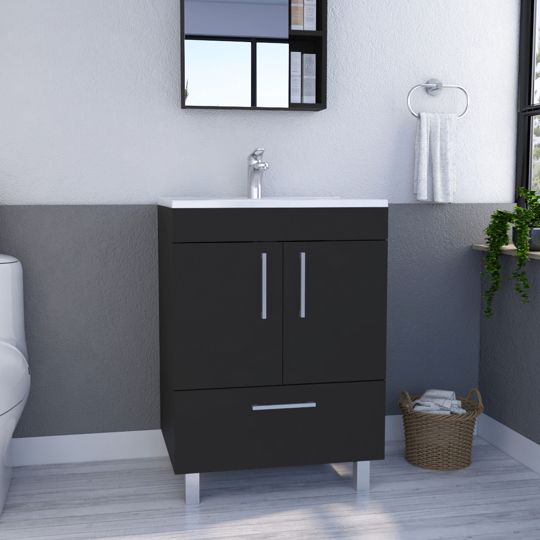Single Bathroom Vanity | Black, One Draw, Double Door, Solid Wood+MDF ...