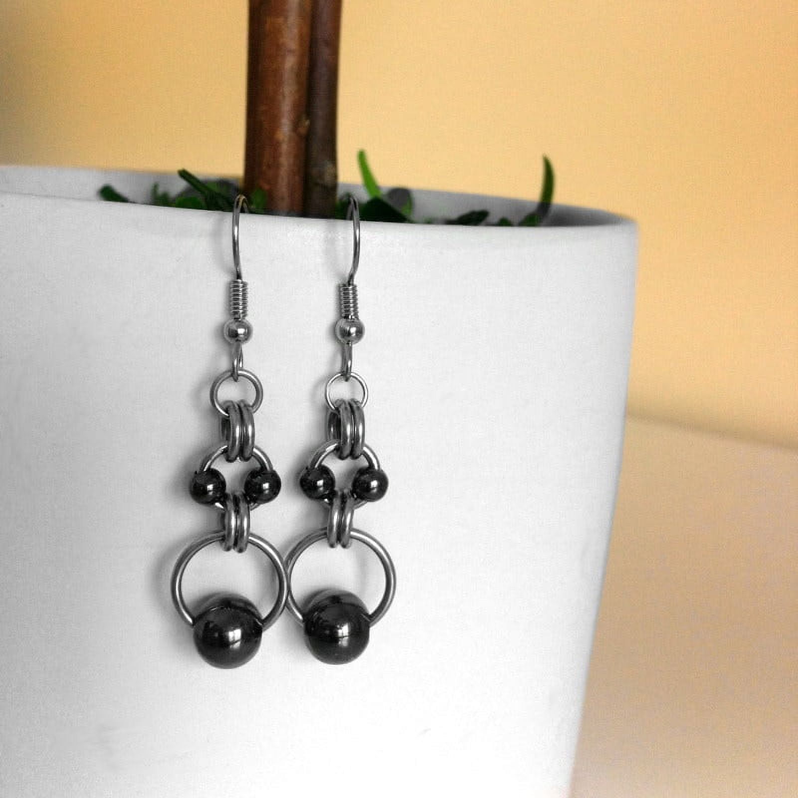 Single Black Bead Black Circle Dangle Earrings Stainless Steel ...