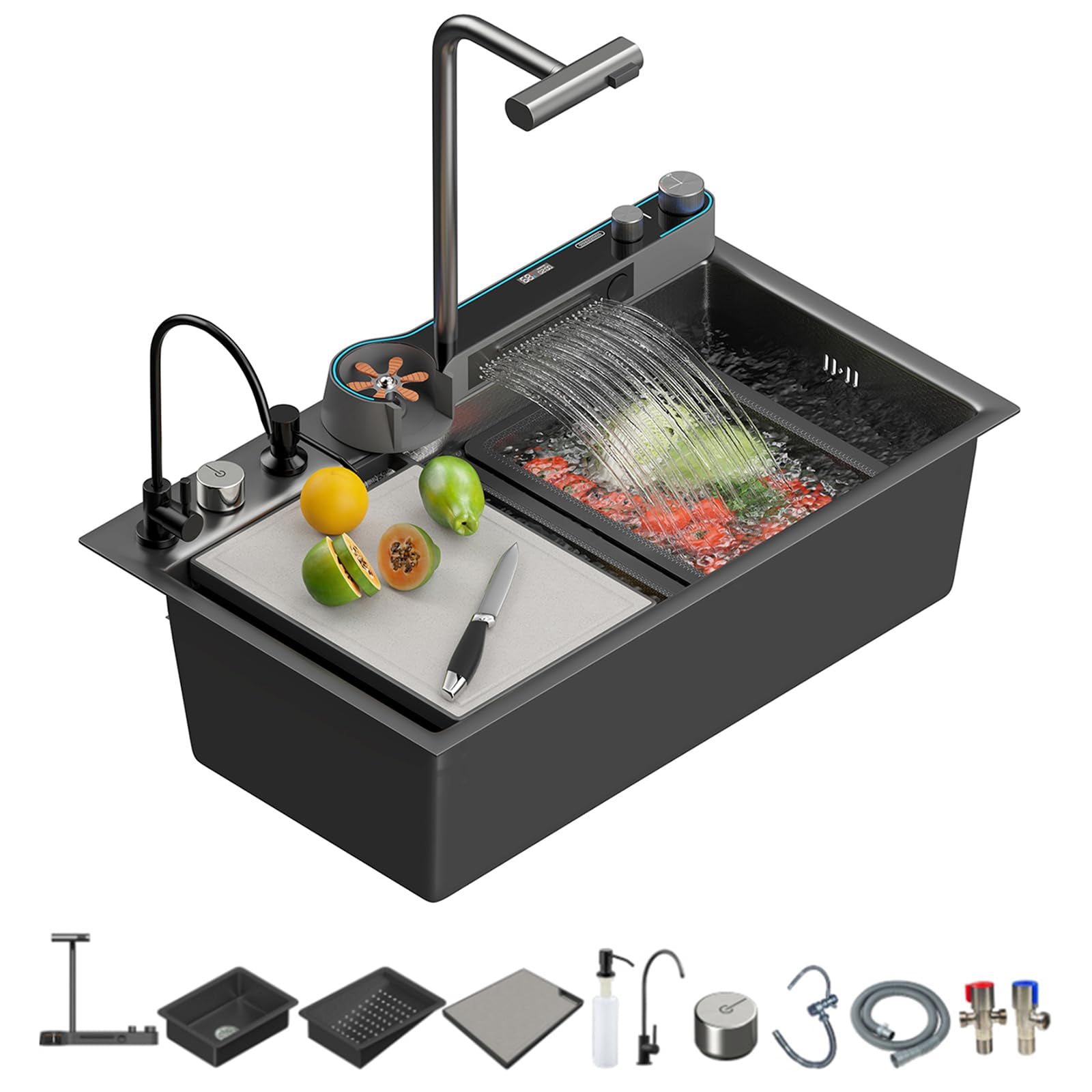 Single Bowl Kitchen Sink One Piece Pull Out Faucet With Cup Washers And ...