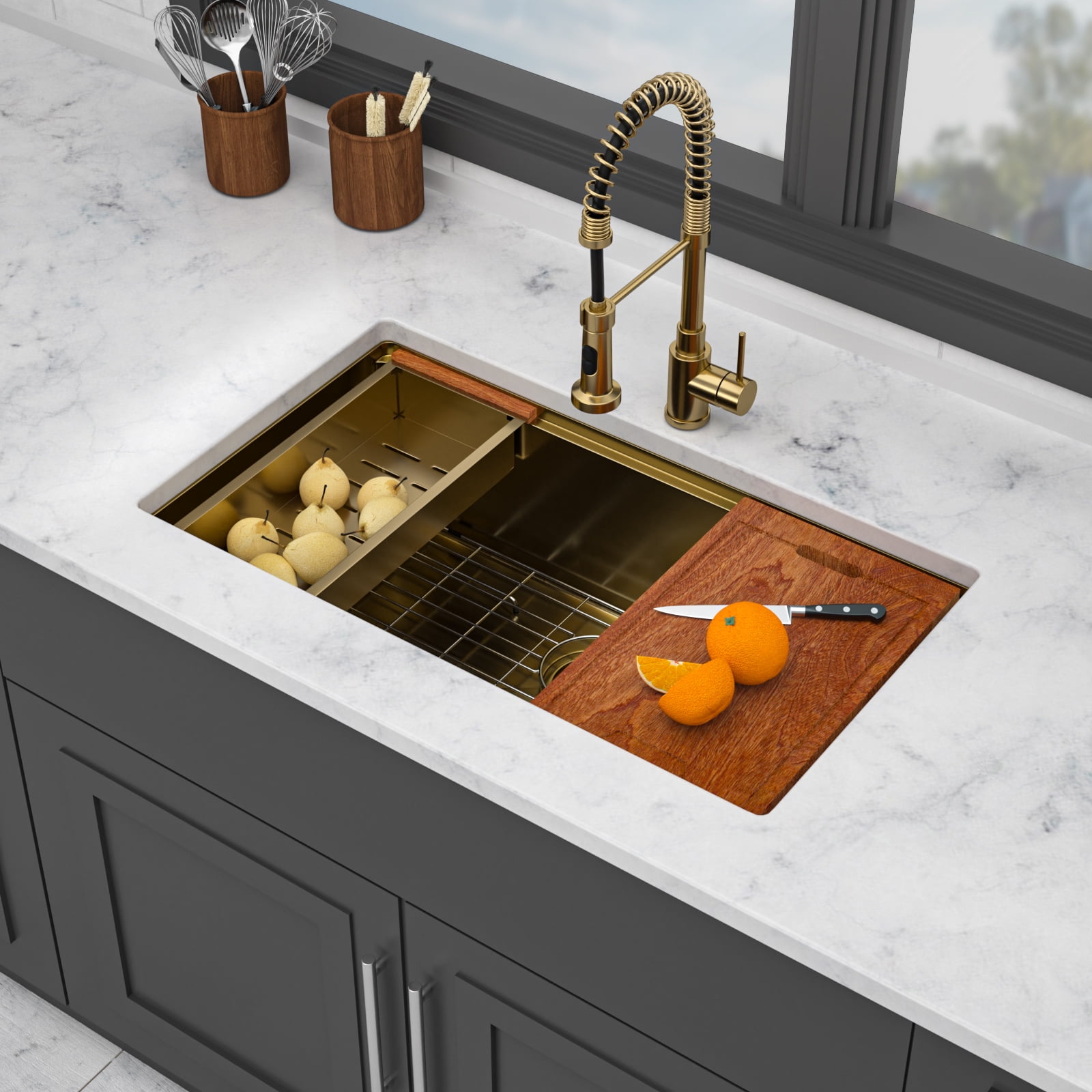Single Bowl Undermount Workstation Gold Kitchen Sink - 36" x 19" x 9 ...