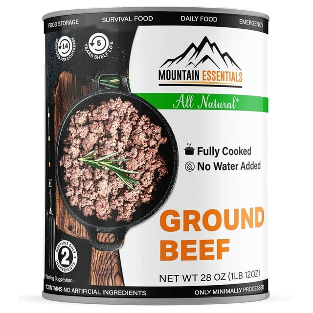 Mountain Essentials Canned Ground Beef, 28 oz, Fully Cooked, Ready to Eat, No Preservatives ...