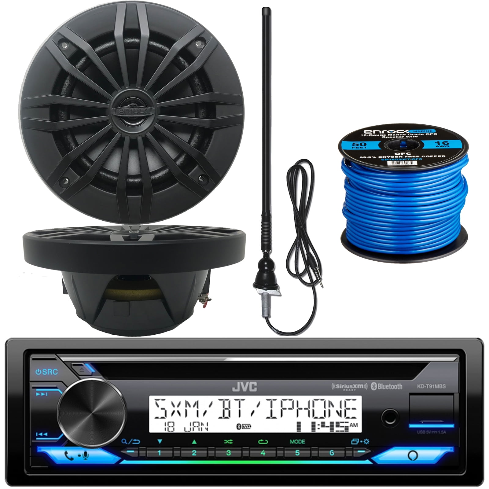 Single DIN In-Dash Marine Bluetooth CD Player Stereo USB AUX Receiver, 2x Enrock 6.5" 2-Way 180 ...