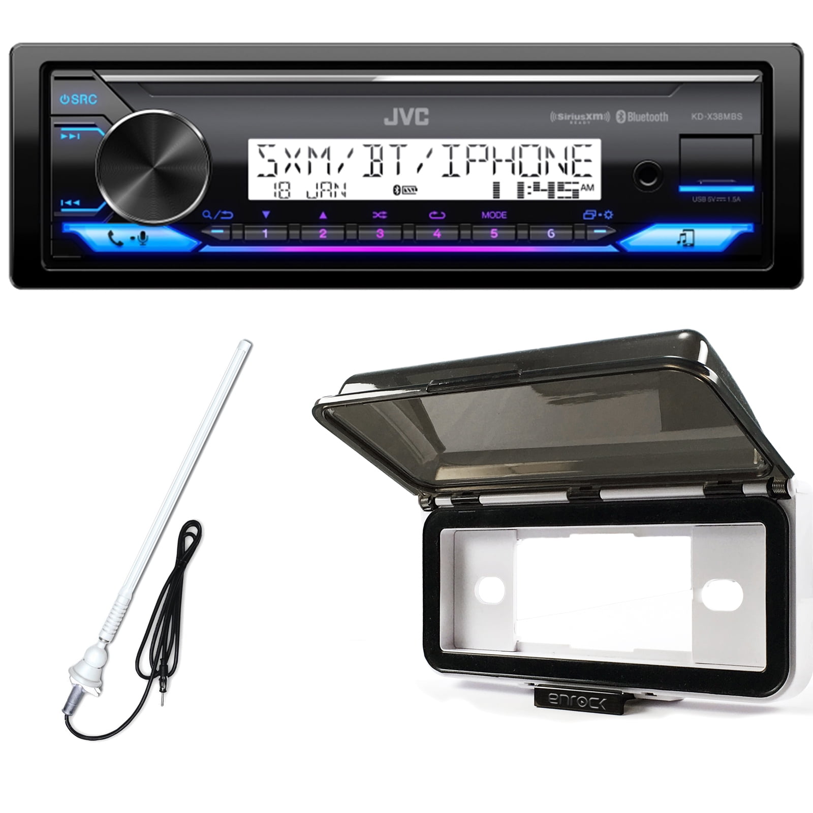 Single DIN Marine Motorsports Bluetooth USB AUX LED AM/FM Radio Stereo Receiver Bundle Combo ...