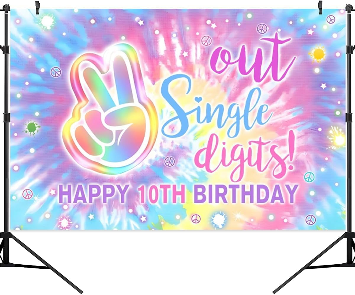 Out Single Digits Happy 10th Birthday Backdrop, Rainbow Tie Dye ...