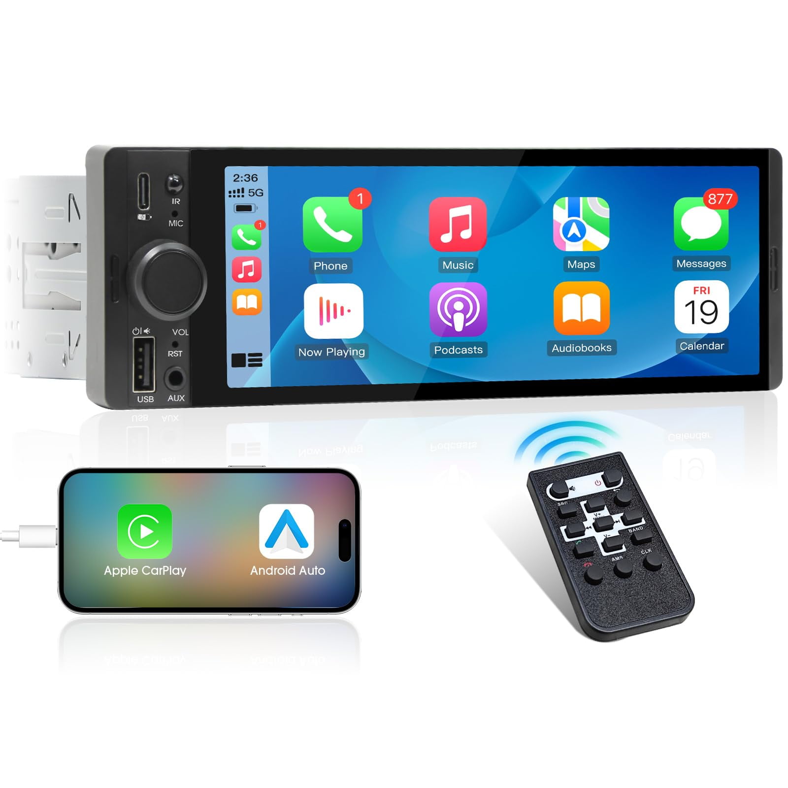 Single Din CarPlay Stereo Receiver: 6.5 Inch Android Auto Touchscreen ...