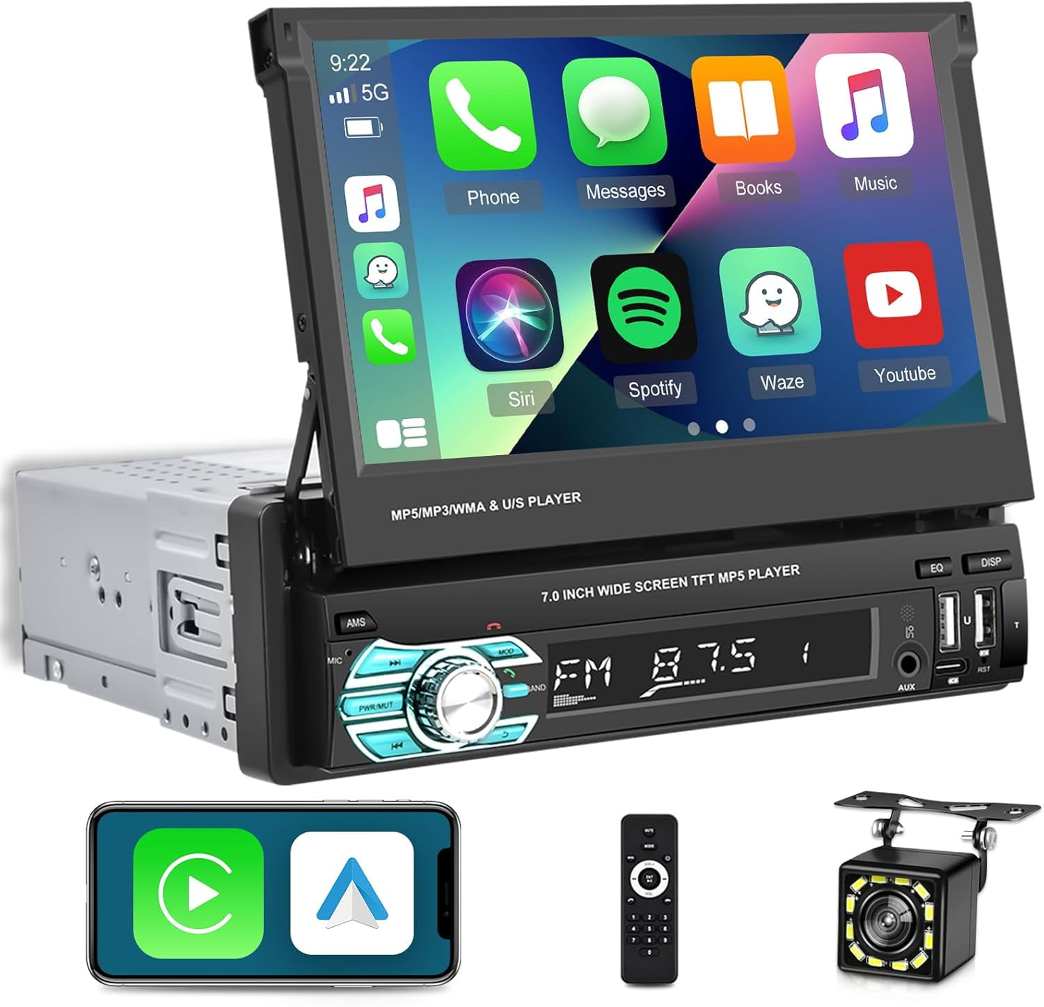 Single Din Flip Out Screen Car Stereo with Wireless Carplay and Android ...