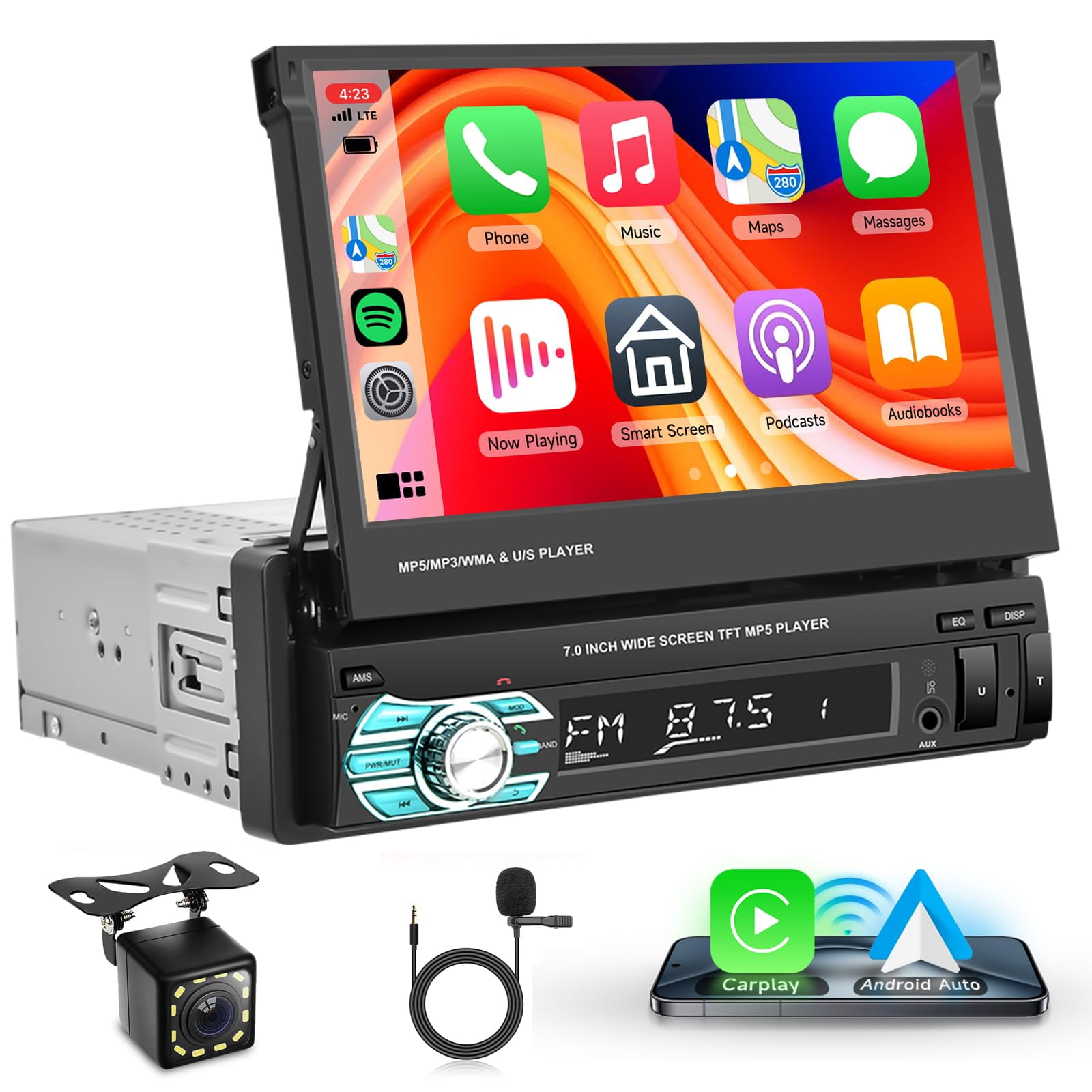 Single Din Wireless Carplay Car Stereo with Bluetooth, 7 Inch flip Out Touch Screen Car Radio ...