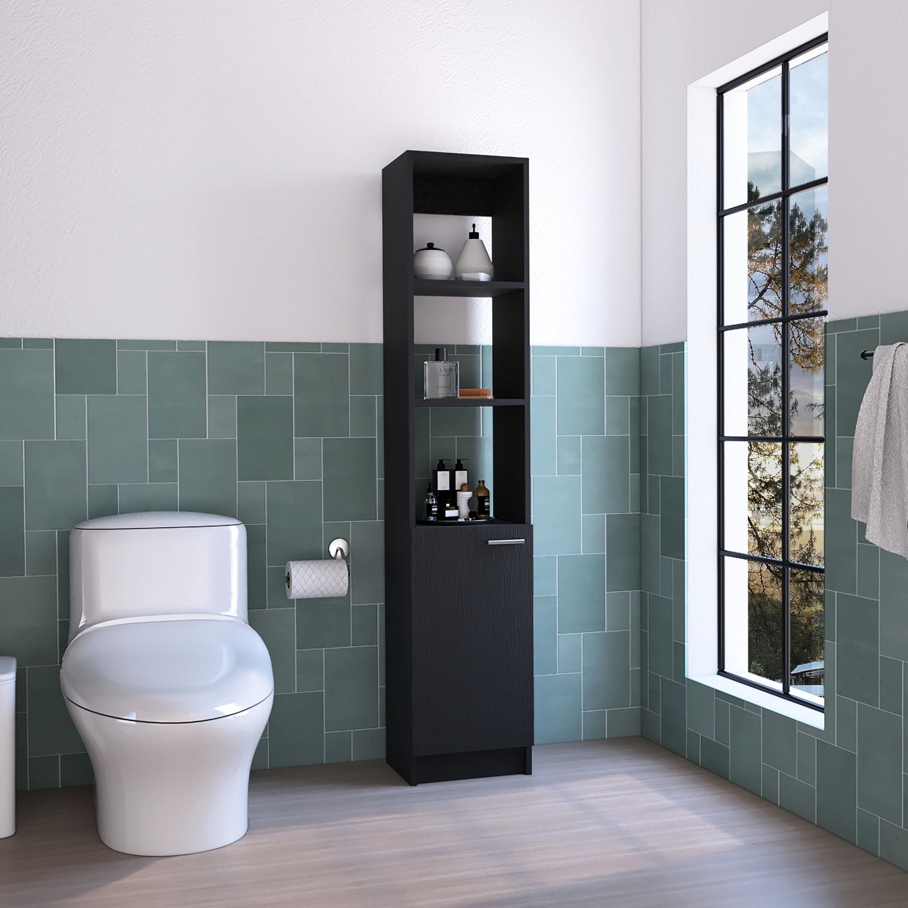 Single - Door Freestanding Black Linen Cabinet | Conceal and Display in ...