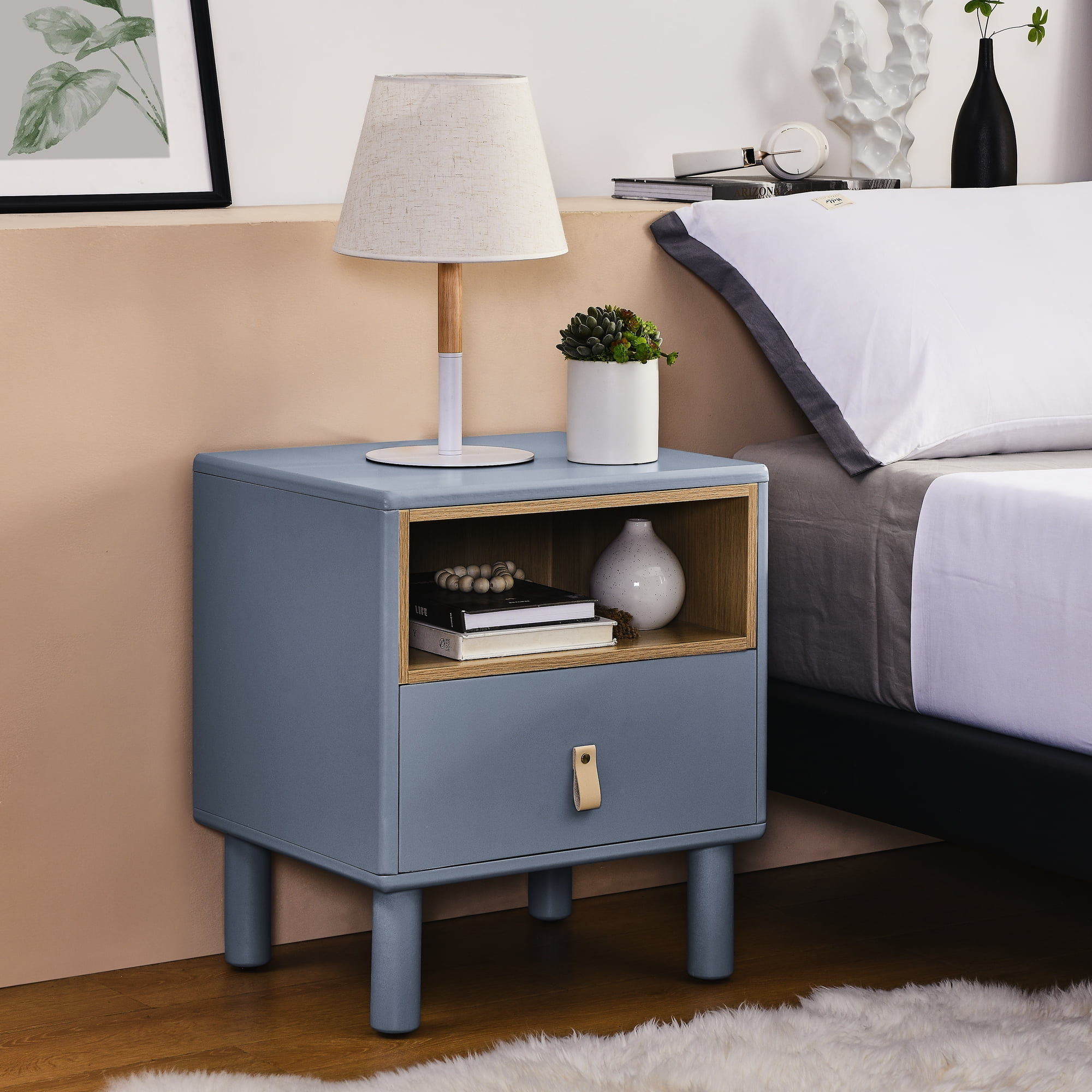 Single Drawer Bedside Table, Wooden Bedside Table With Drawer And Open ...