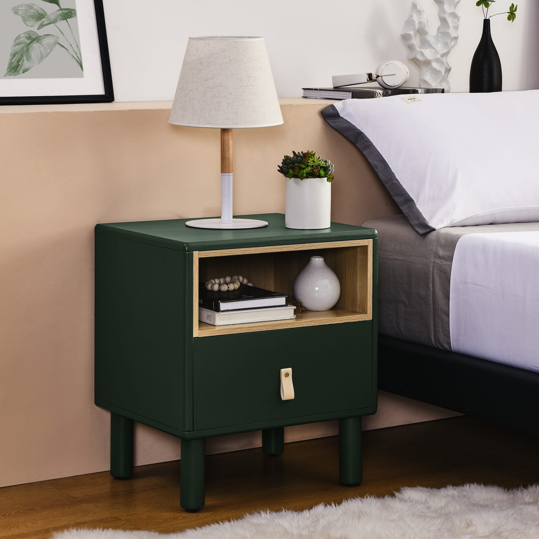 Single Drawer Bedside Table, Wooden Nightstan with Open Storage Shelf ...