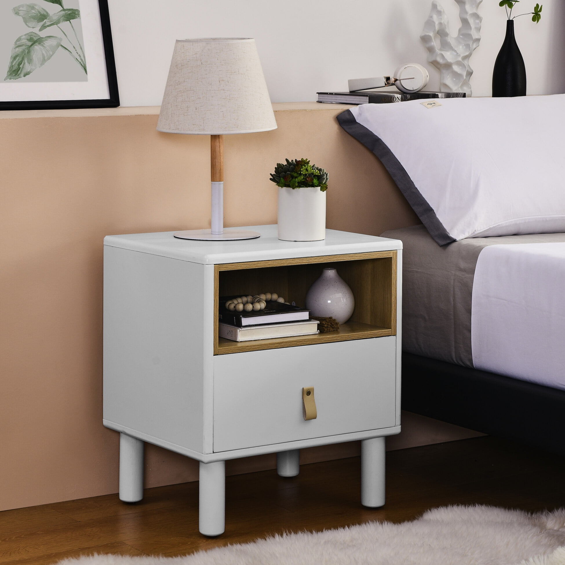 Single Drawer Bedside Table, Wooden Nightstan with Open Storage Shelf ...