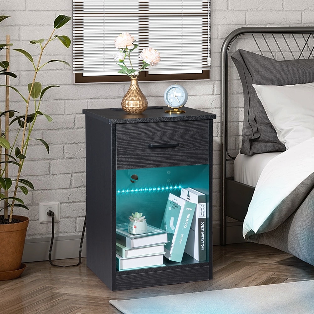 Single Drawer Bedside Table with Socket and LED Lights Black - Walmart.com