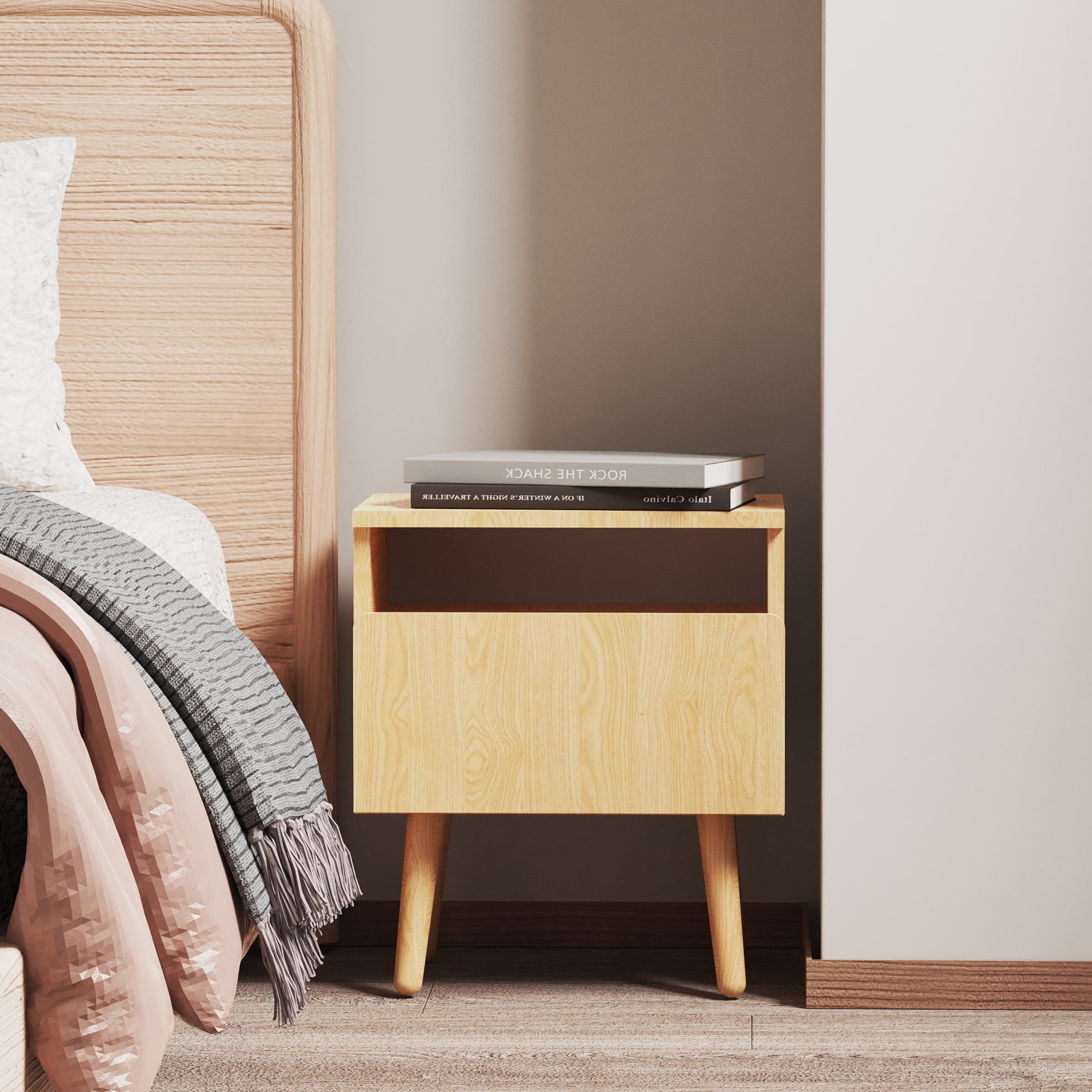 Modern Wood Single Drawer Nightstand,Vintage Bedside Table for Bedroom ...