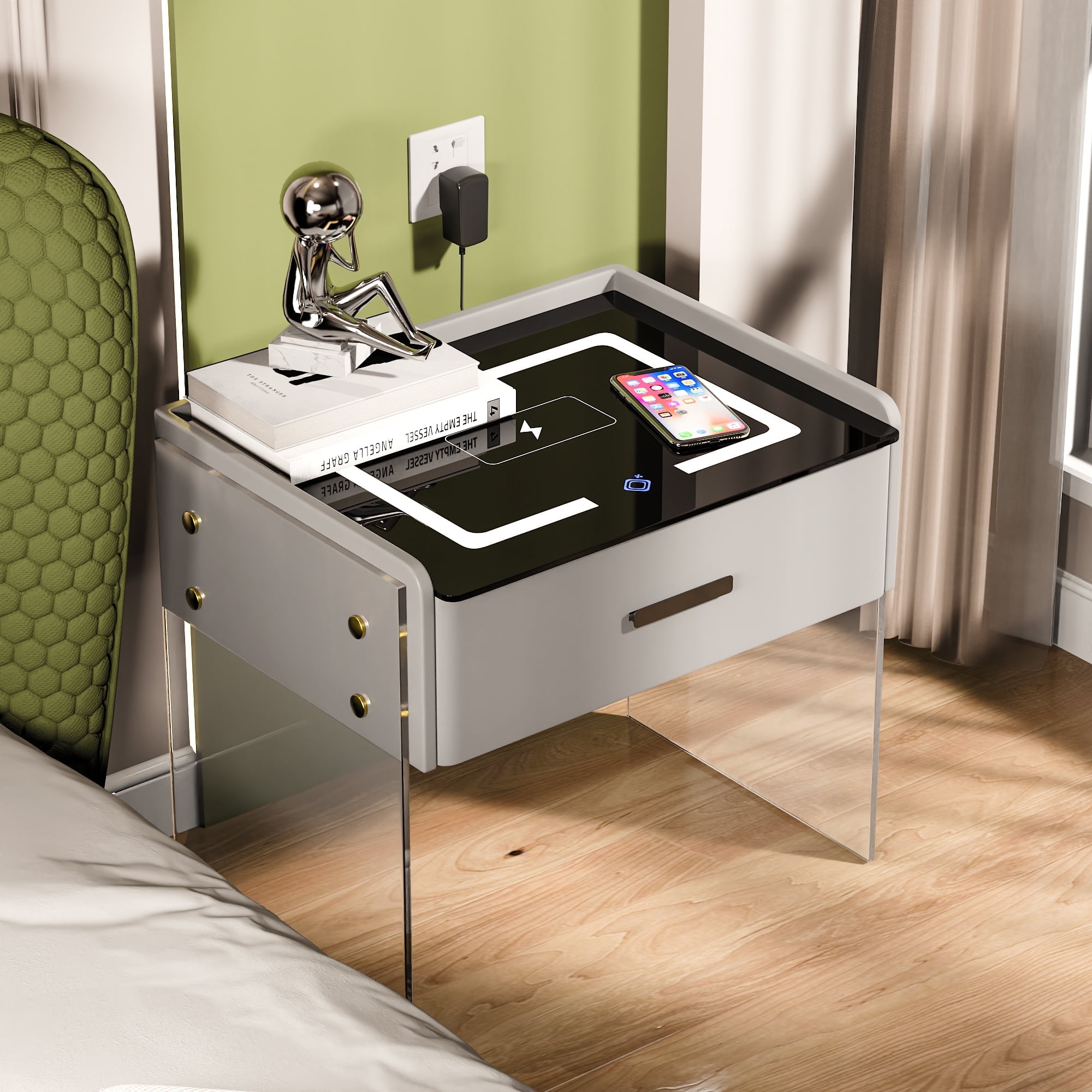 Single Drawer Smart Acrylic Leg Nightstand, Wireless Rechargeable ...