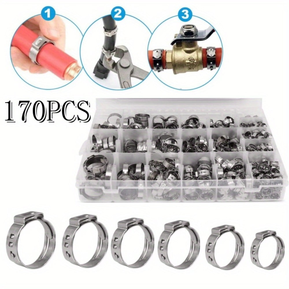 Single Ear Hose Clamp 170 Pcs Kit, 304 Stainless Steel Constant Crimp ...