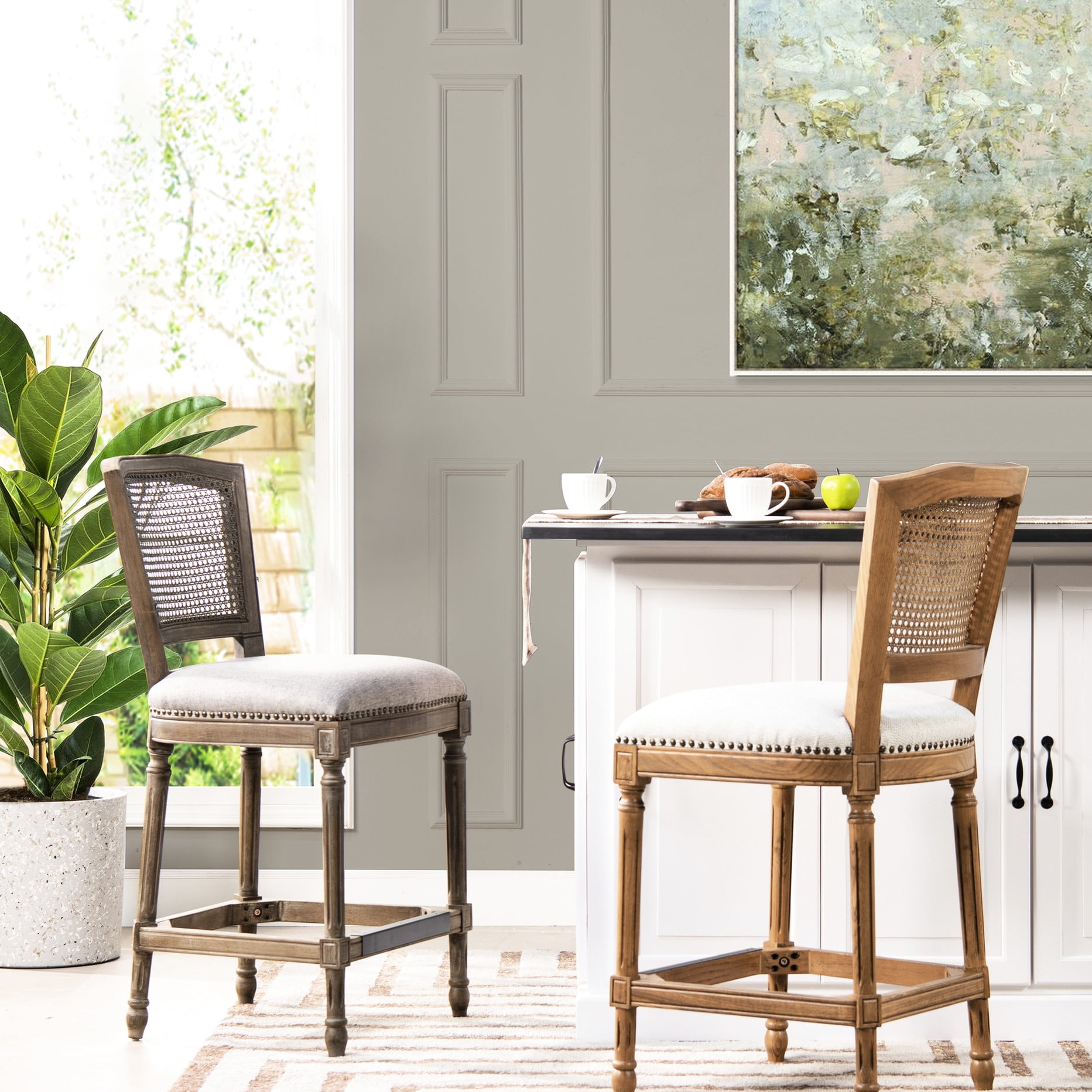 Single French Country Bar Stool, Stain Resistant Fabric, 22.50 in Width ...