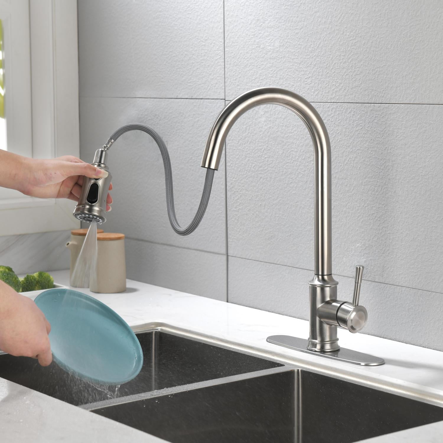 Single Handle High Arc Pull Out Kitchen Faucet Single Level Stainless ...