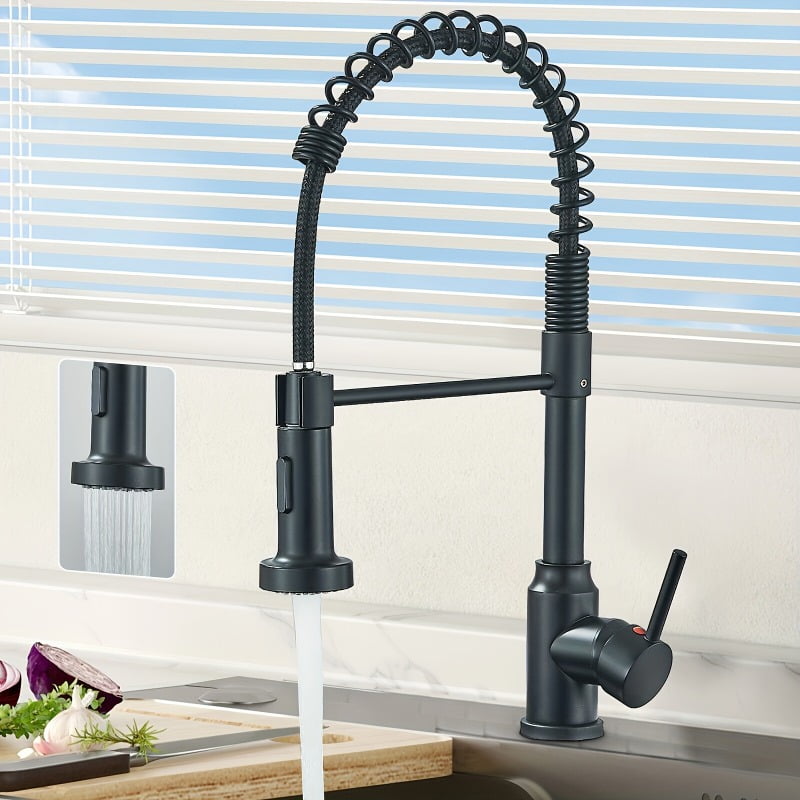 Single Handle Matte Black Kitchen Sink Faucet with Spring Pull Down ...