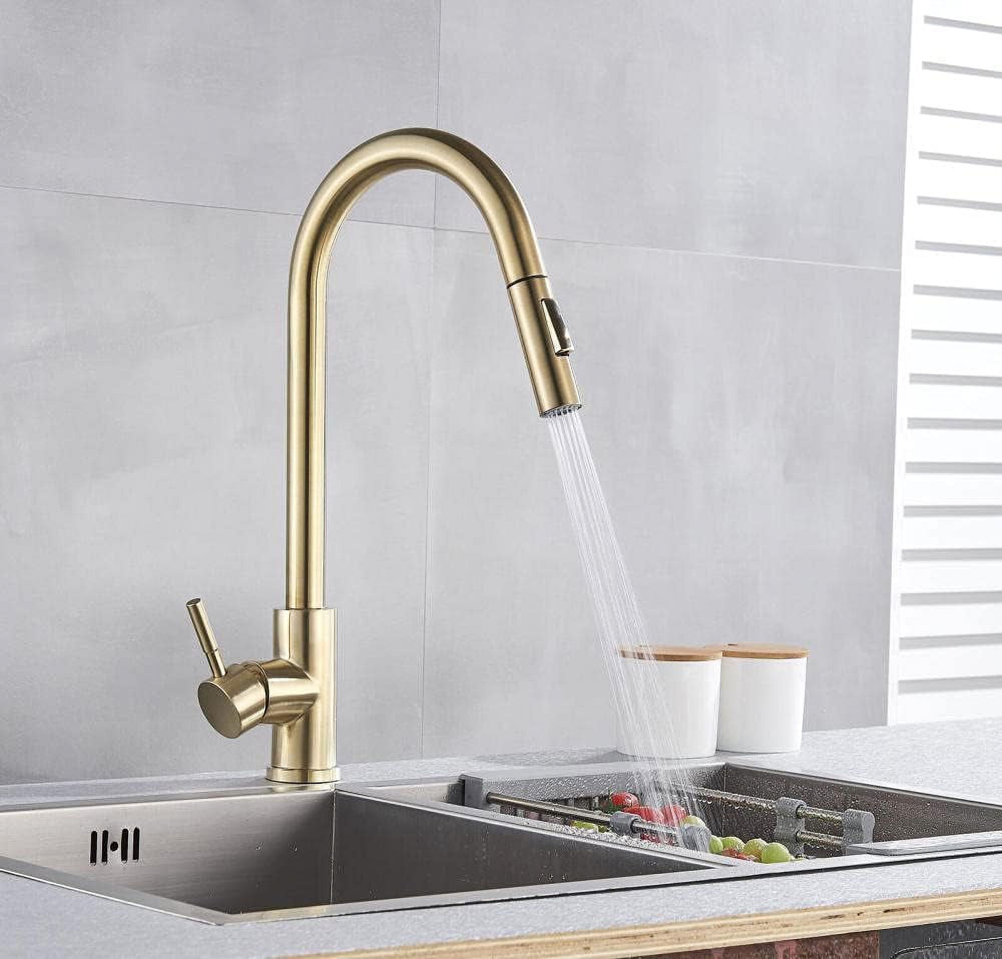 Single Handle Tap High Brushed Gold Tap Brass Kitchen Faucet Pull Out ...