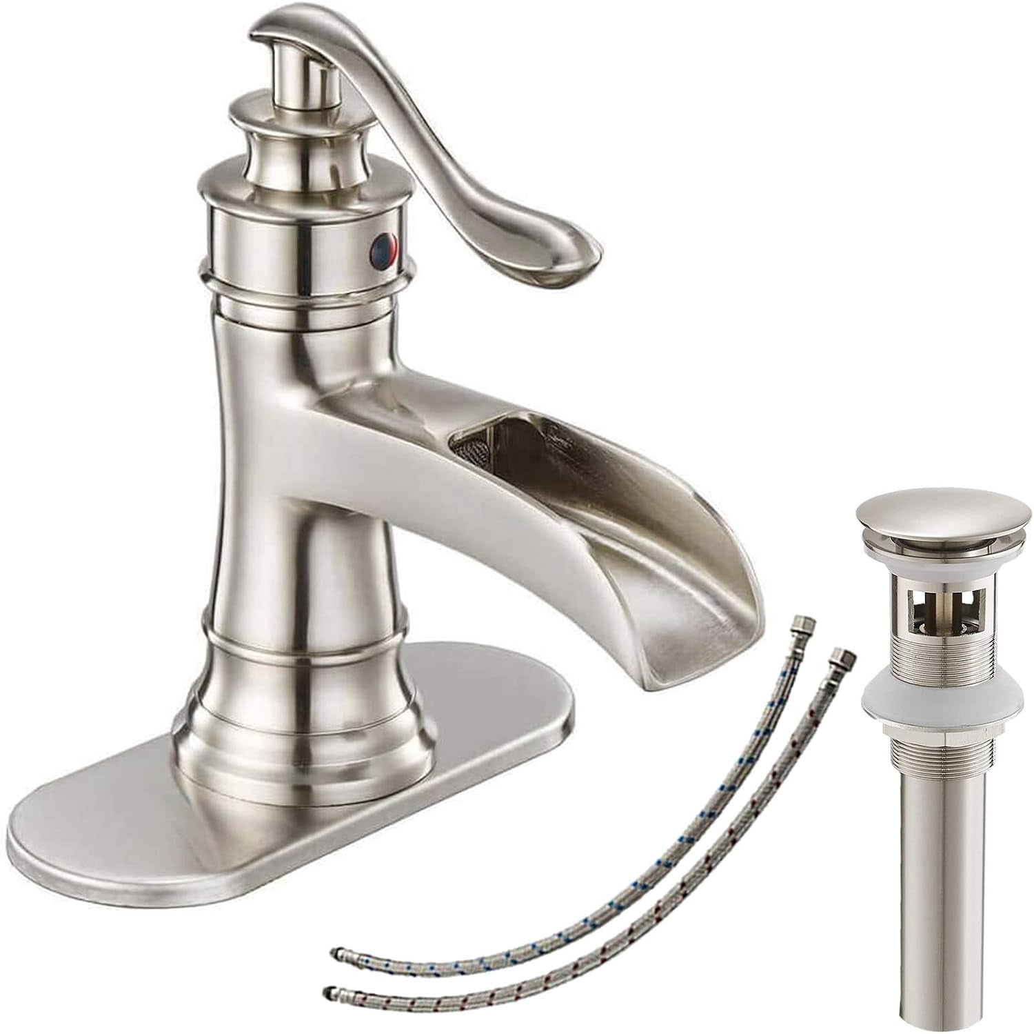 Single Hole Bathroom Sink Faucet with Waterfall Spout, Brushed Nickel ...