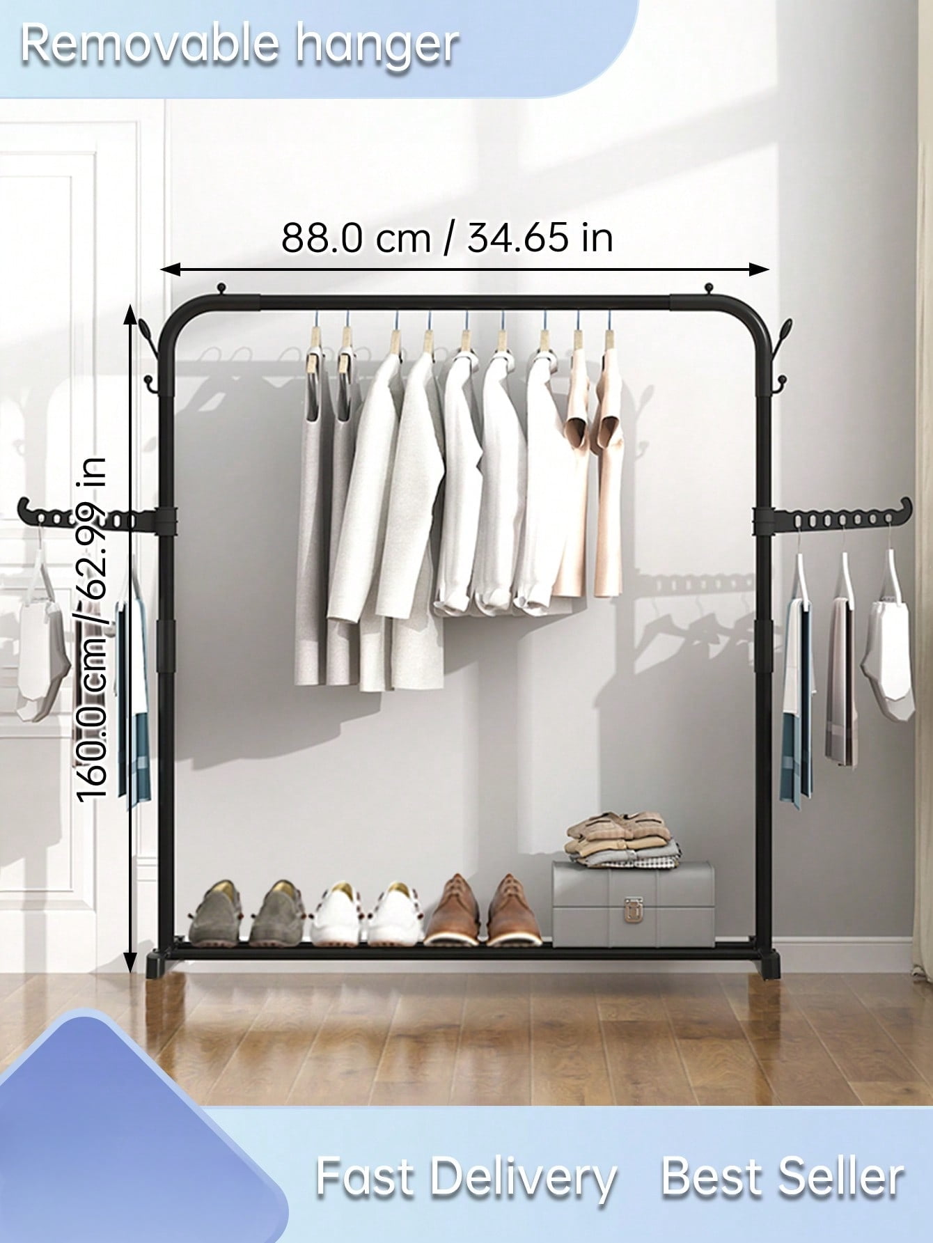 Single-Layer Coat Rack with 2 Removable Shelves - Space-Saving Hanging ...