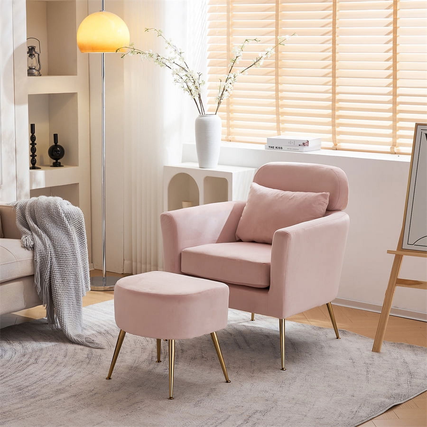 Single Leisure Chair with Footstool, Modern Sofa Chair with Gold Feet ...