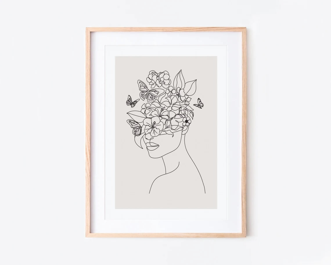 Single Line Woman Head Of Flowers Line Art Print One Line Drawing Face ...