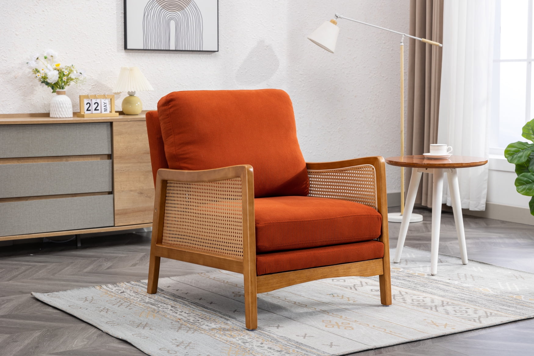 Single Lounge Chair with Rubber Wood Legs and Rattan Arms, Leisure ...
