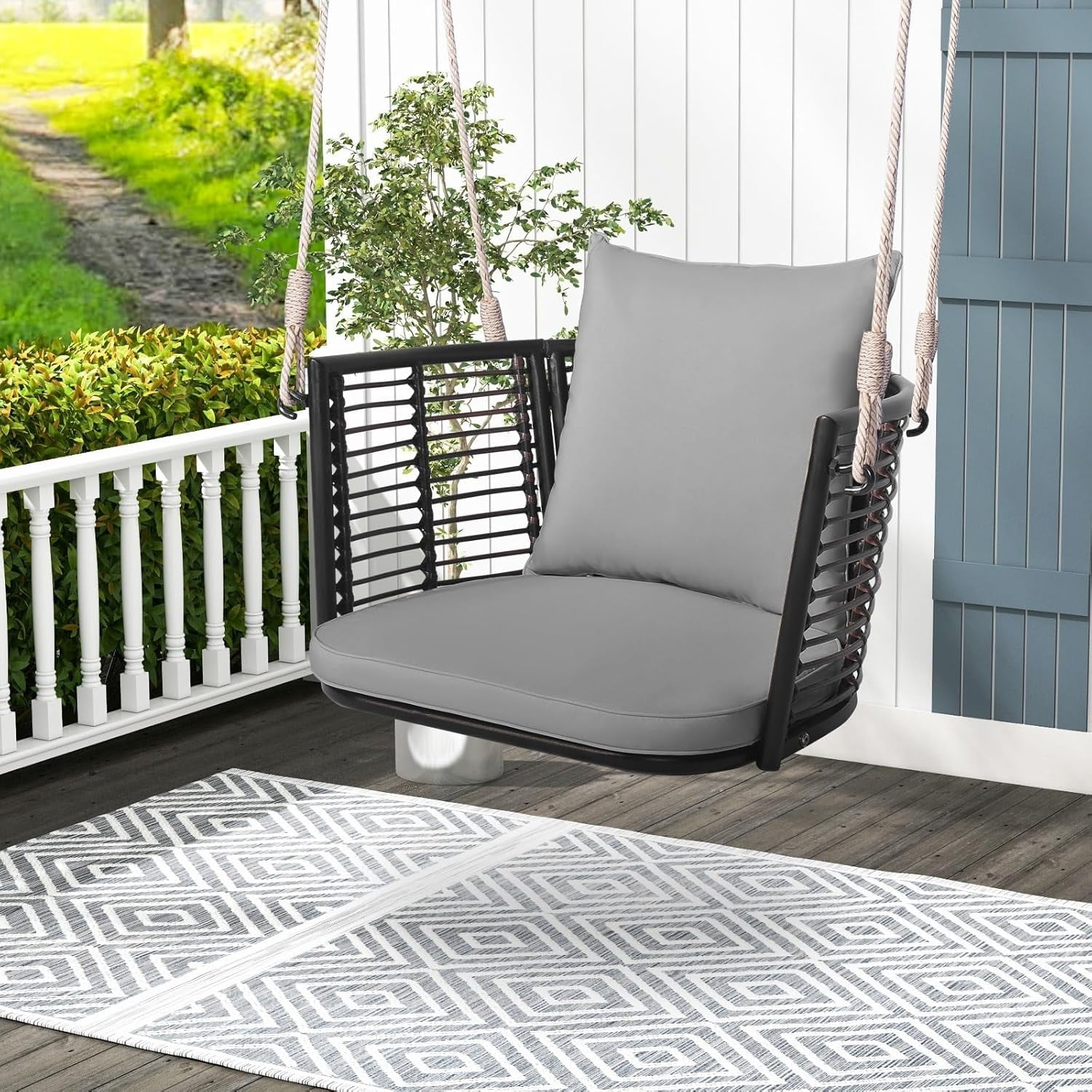 Single Outdoor Porch Swing - Hanging Swing w/Cushions, Rattan Backrest ...