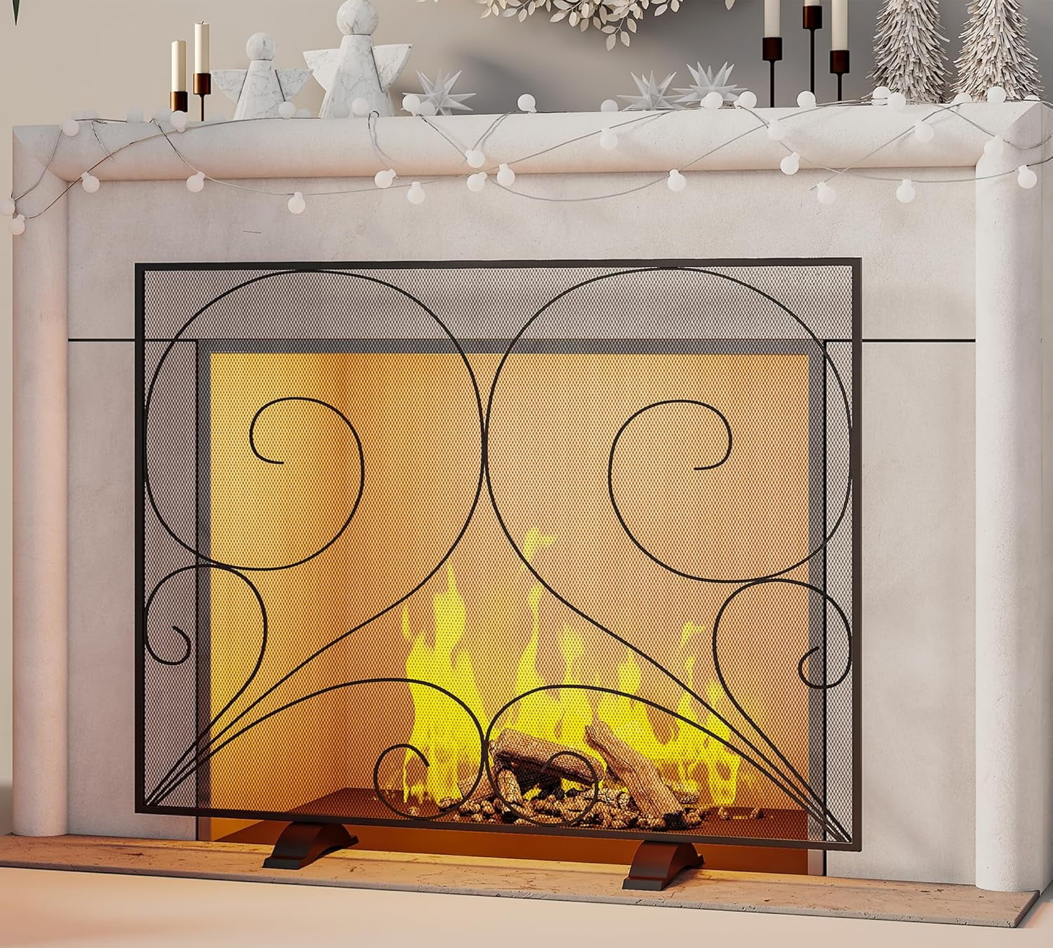 Single Panel Fireplace Screen Handcrafted Solid Wrought Iron Mesh Heat ...