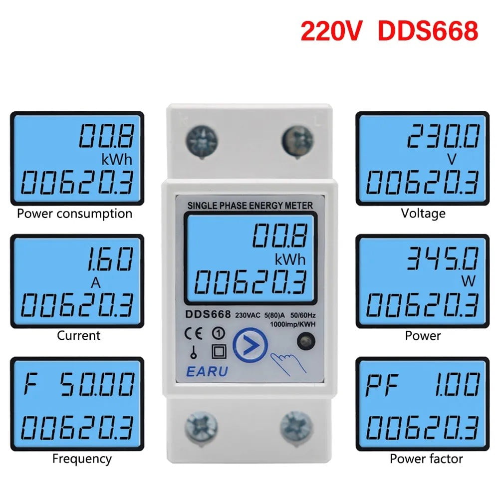 Single Phase Lcd Digital Energy Meter Voltage Current Power Consumption ...