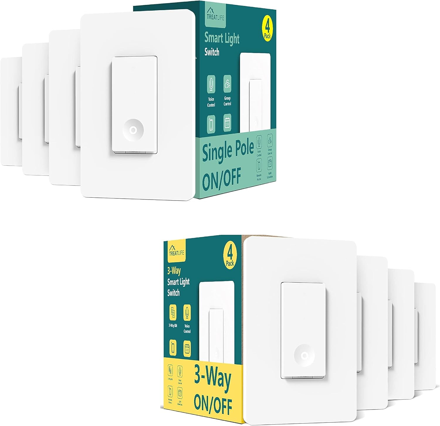 Single Pole Smart Light Switch 4 Pack with 3 Way Smart Light Switch 4 ...