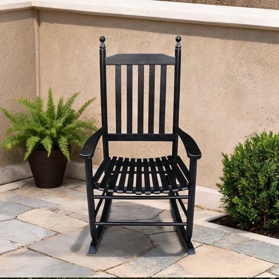 Single Porch Rocker Chair with Slat Back, Solid Poplar Wood, Matte ...